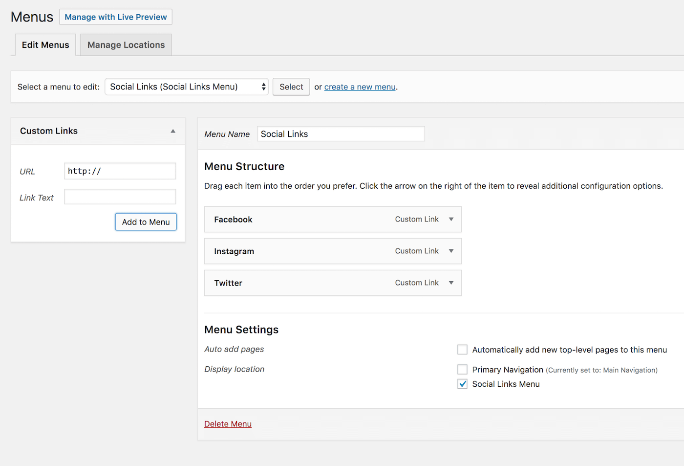 menus screen with only custom links available | In The Digital